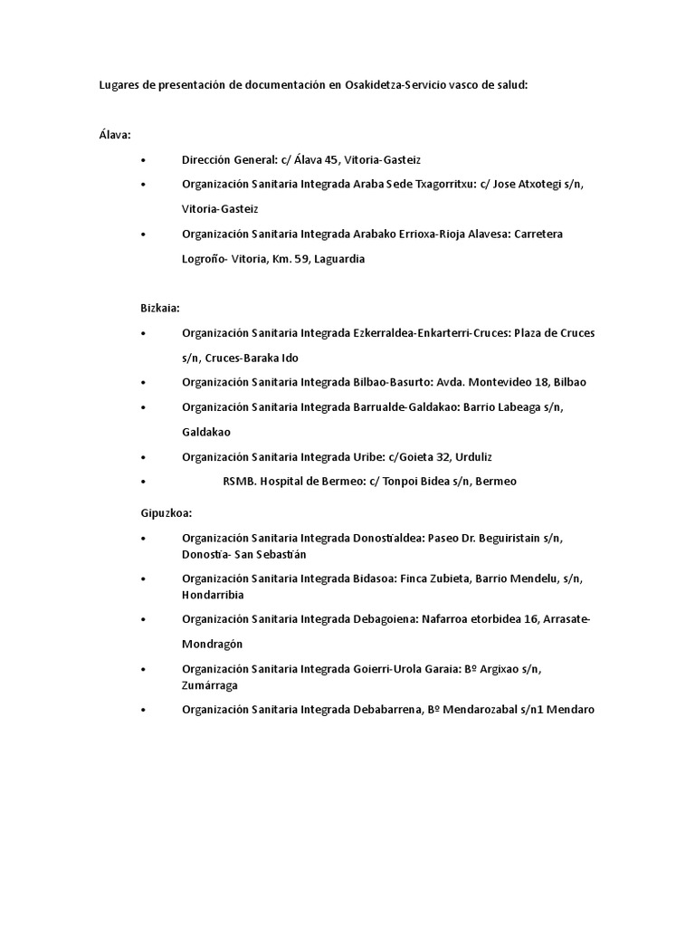 Lugares de Presentación de Documentación en Osakidetza | PDF
