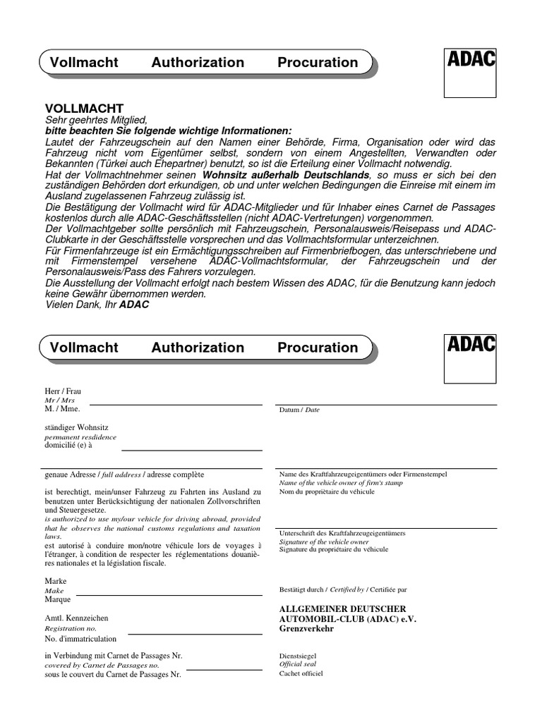 Vollmacht Adac | PDF