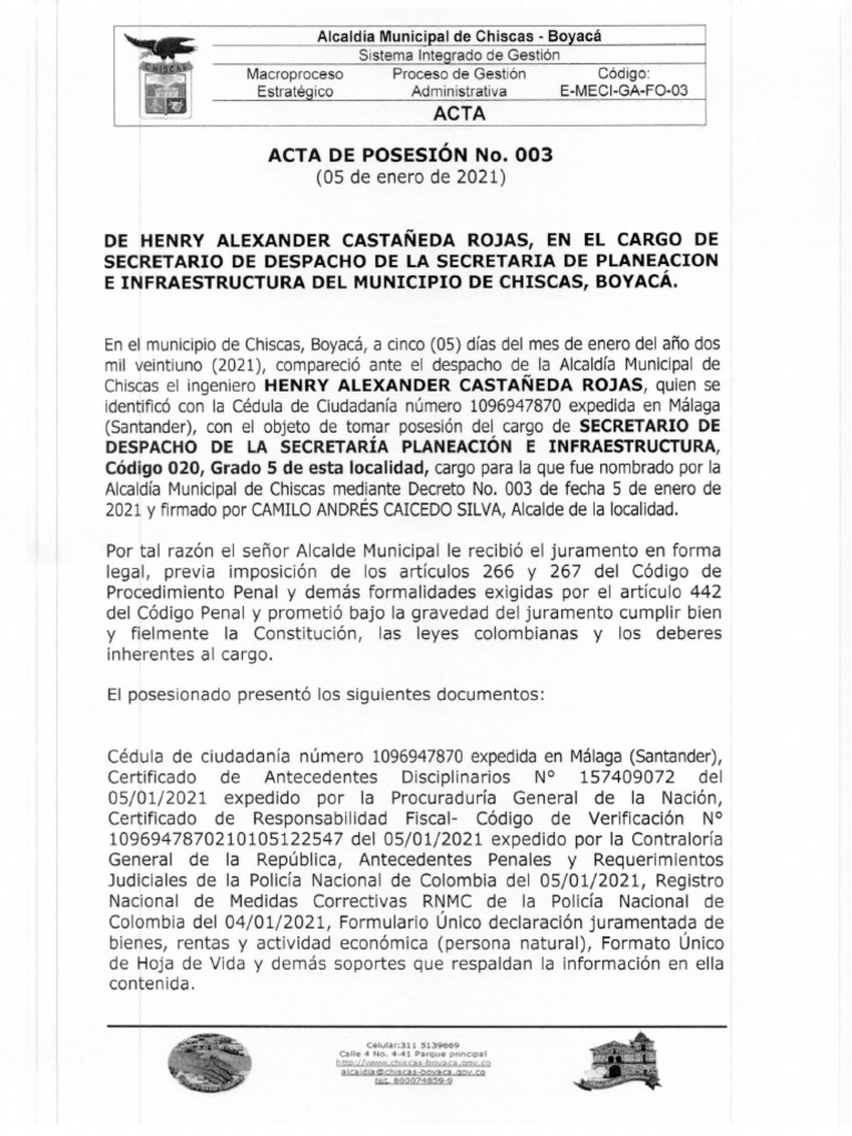 Acta de Posesión_003_2021_Henry Alexnader Castañeda | PDF