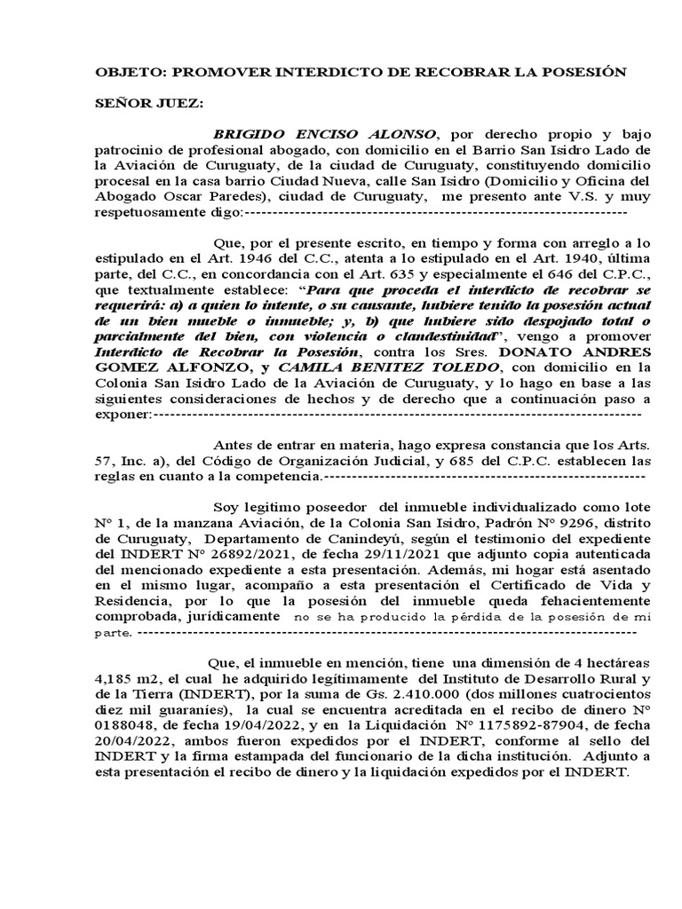 Interdicto Recobrar Brigido Enciso | PDF