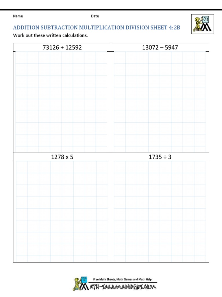 Addition Subtraction Multiplication Division Worksheet 4 2b | PDF