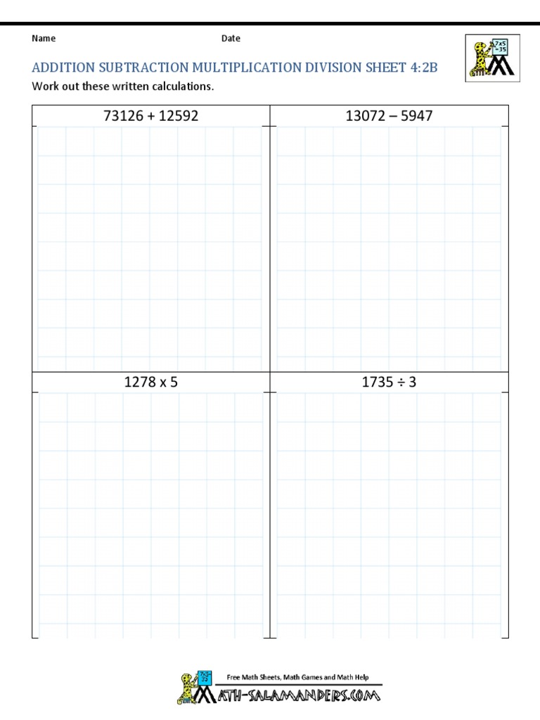 Addition Subtraction Multiplication Division Worksheet 4 2b | PDF