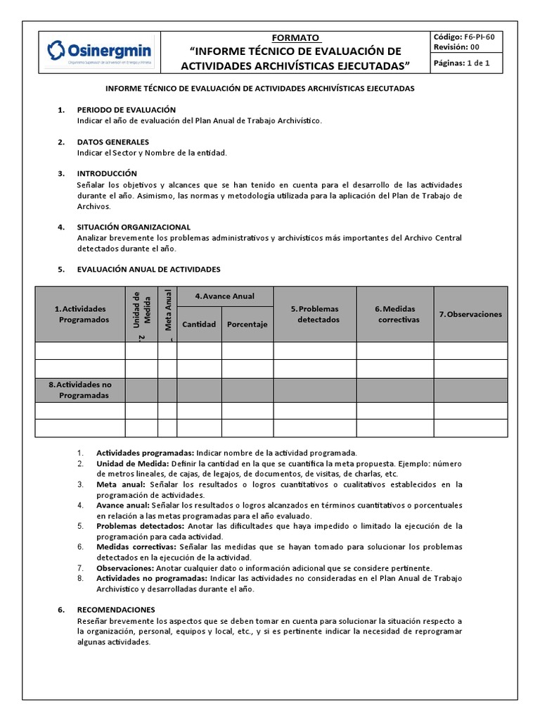 F6-PI-60 Informe Técnico de Evaluación de Actividades Archivísticas Ejecutadas (ITEA) | PDF