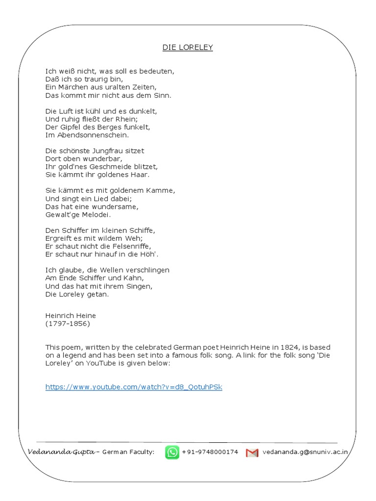 A German Folk Song 'Die Lorelei' by Heinrich Heine | PDF