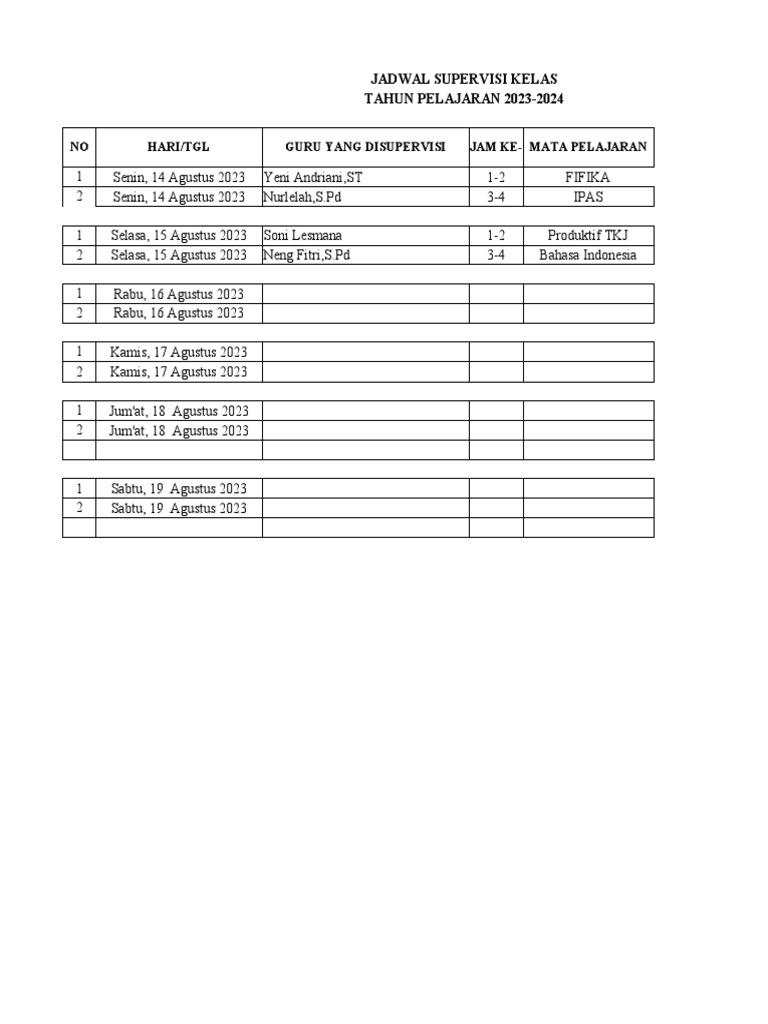 Jadwal Supervisi Kelas 2023 | PDF