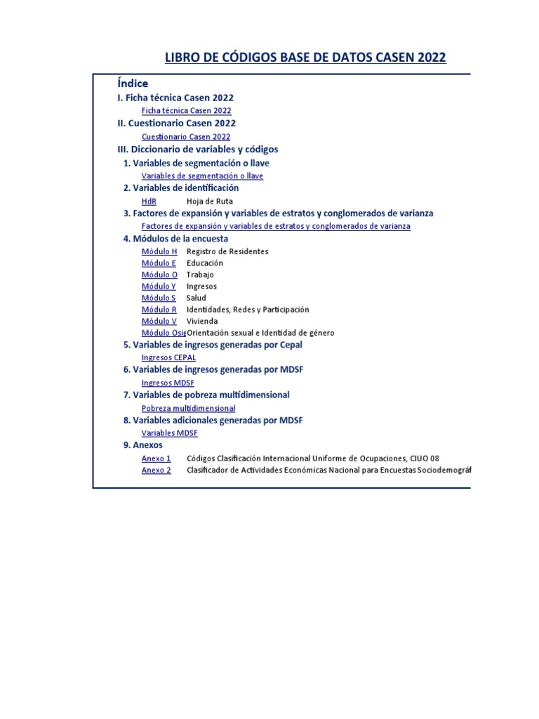 Libro de Códigos Base de Datos Casen 2022 | PDF