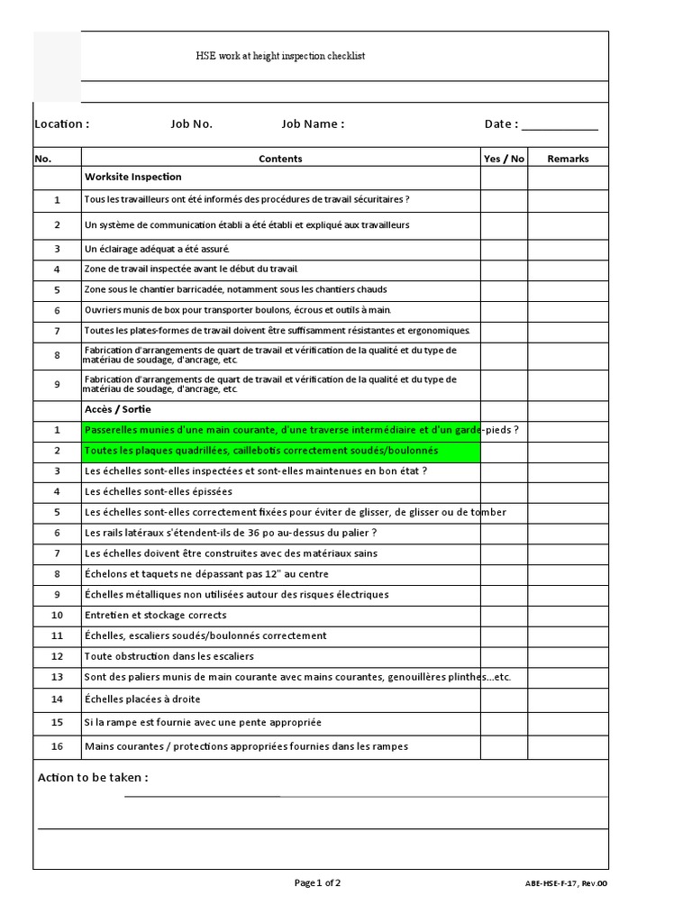 HSE Work at Height Inspection Checklist | PDF