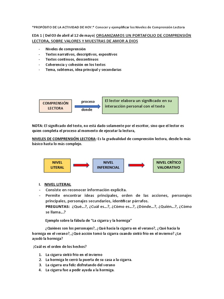 ficha actividad niveles compr lect 12 abril 1D | PDF | Comprensión lectora | Cognición