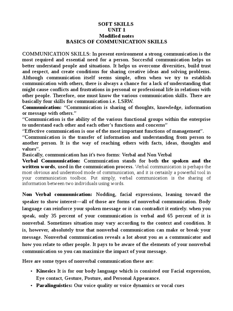 Soft Skils Unit 1 Updated | PDF | Communication | Nonverbal Communication