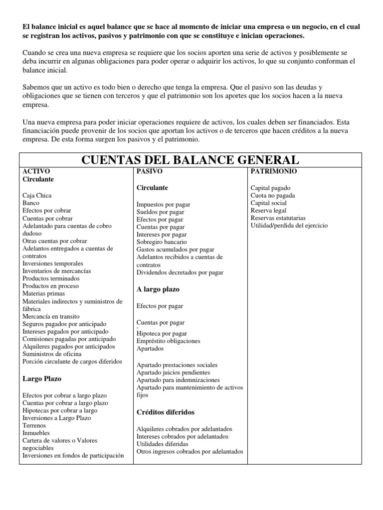 El Balance Inicial Es Aquel Balance Que Se Hace Al Momento de Iniciar ...