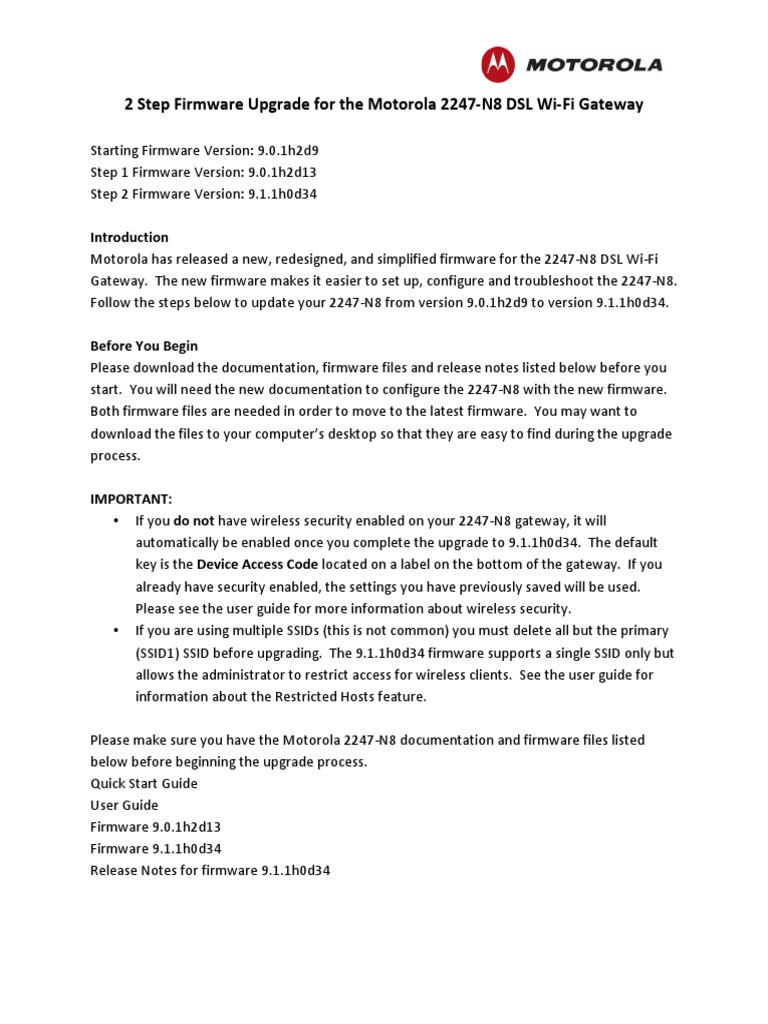 Firmware Upgrade For The Motorola 2247-N8 DSL Wi-Fi Gateway 2 Step ...