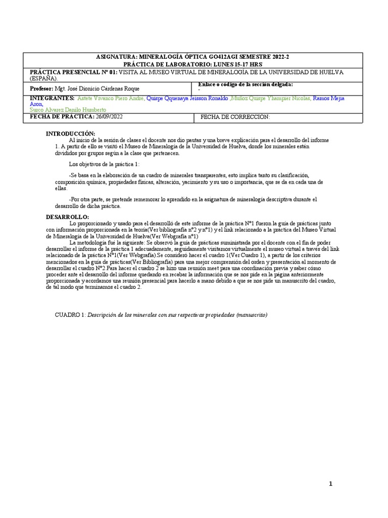 Informe 1 | PDF | Minerales | Mineralogía