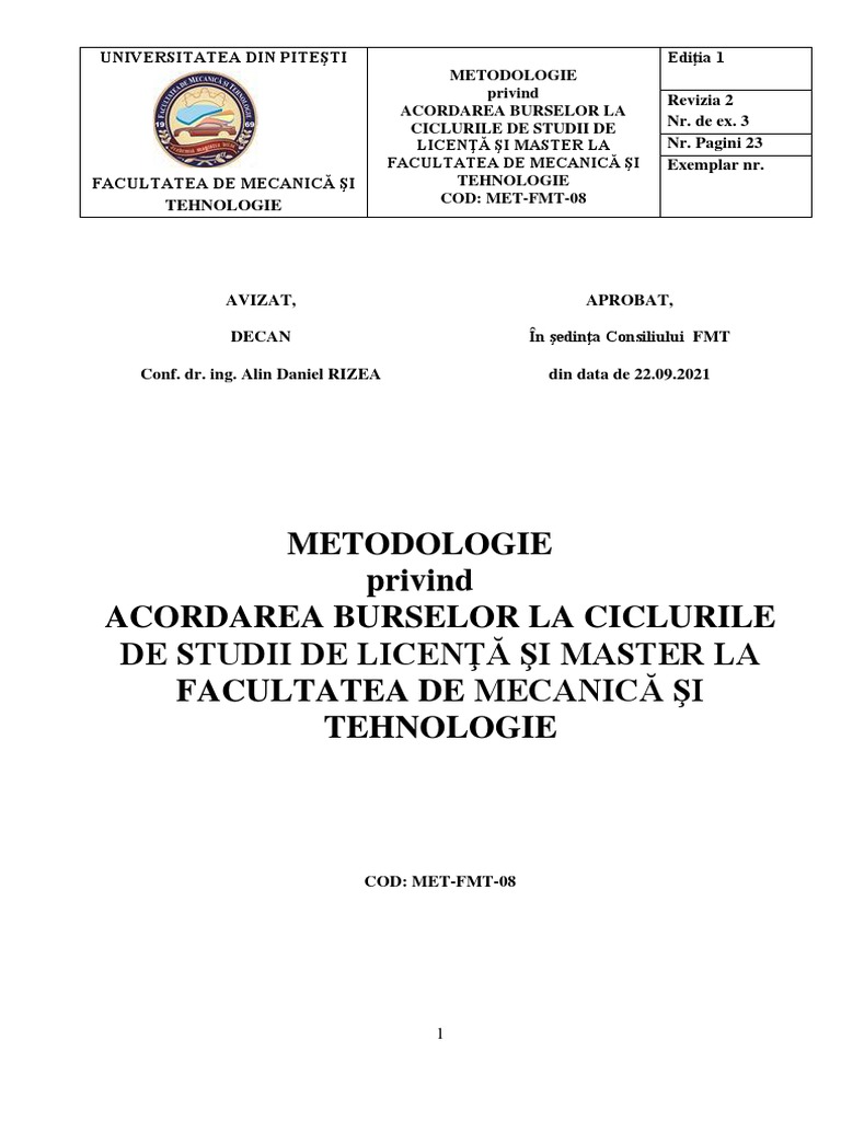 FMT-Metodologie de Acordare A Burselor - FMT-2021-2022-valabil 2022-2023 | PDF