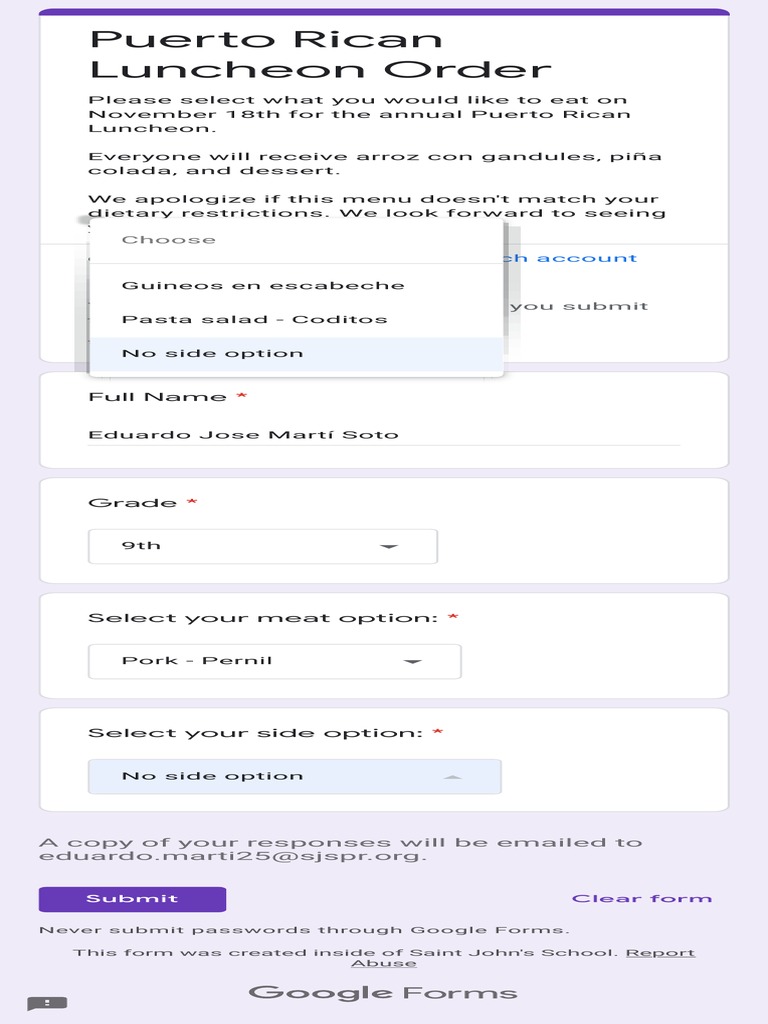 Puerto Rican Luncheon Order | PDF