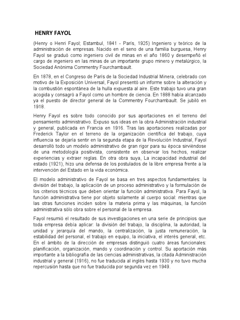 Biografía de Henry Fayol | PDF