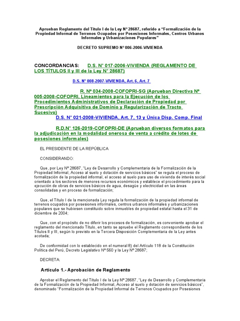Aprueban Reglamento del Título I de la Ley Nº 28687, referido a ...