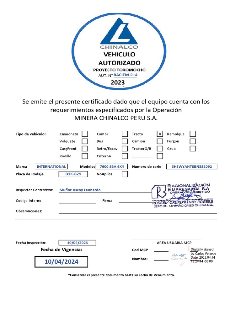 Nuevo Certificado MCP - Tracto - B1K-829 - Firmado Por MCP | PDF Nuevo Certificado MCP - Tracto - B1K-829 - Firmado Por MCP | PDF