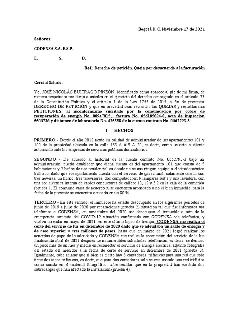 Word DERECHO DE PETICIÓN CODENSA | PDF