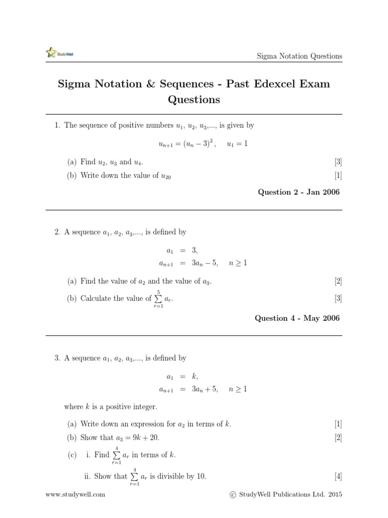 Sigma Notation Exam Questions | PDF | Analysis | Mathematics
