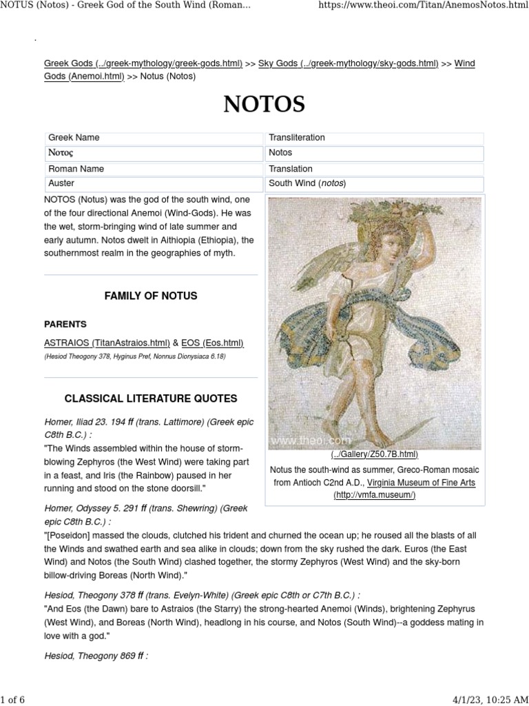 NOTUS (Notos) - Greek God of The South Wind (Roman Auster) | PDF | Art