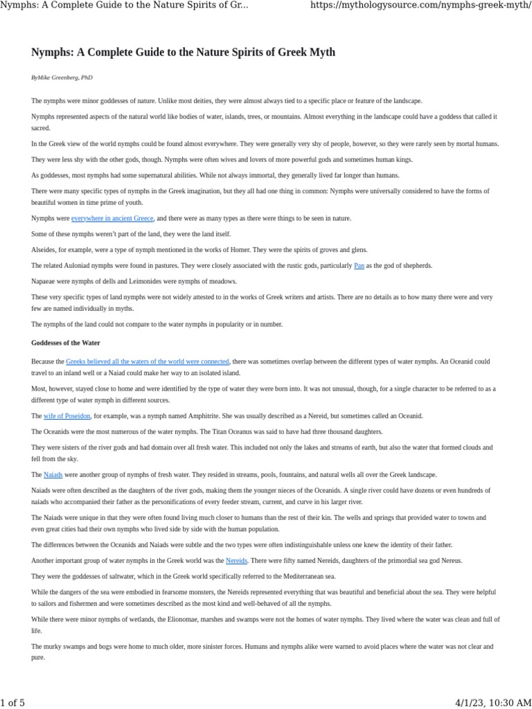 Greek Nymphs: Nature Spirits Explained | PDF