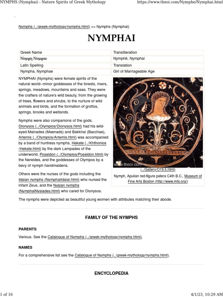 NYMPHS (Nymphai) - Nature Spirits of Greek Mythology | PDF