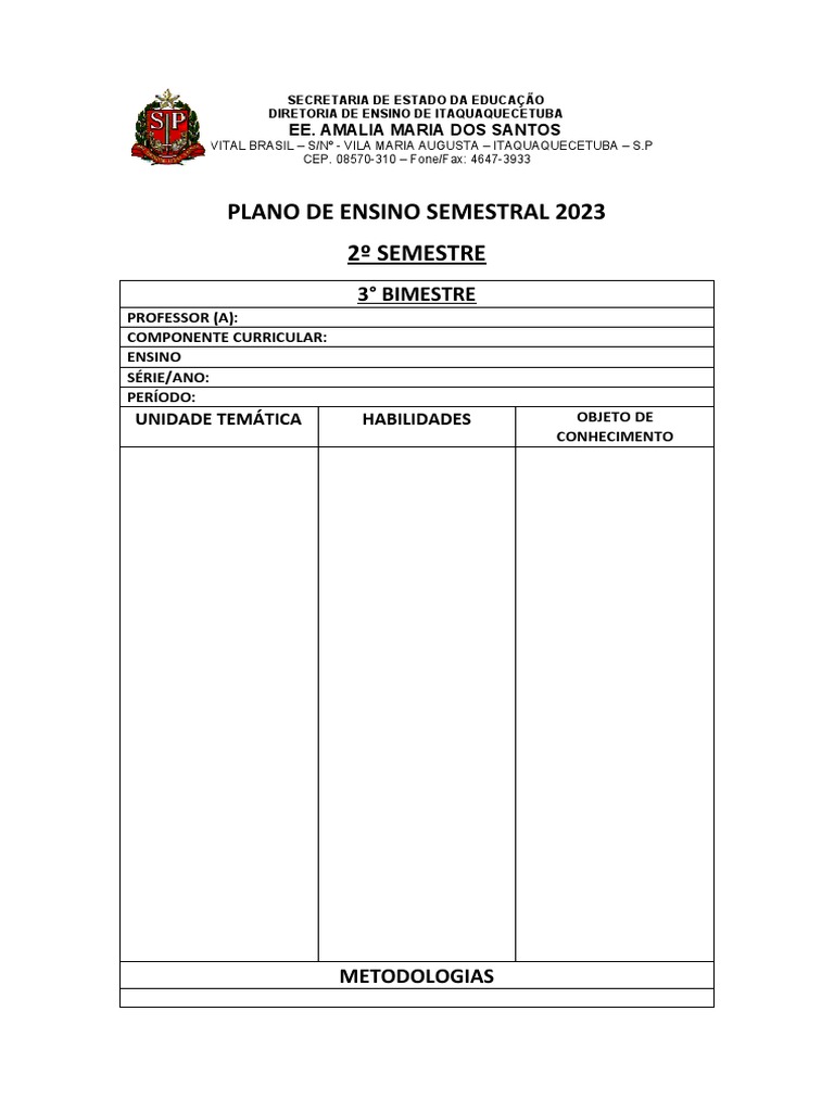 Plano De Ensino Semestral 2023 Pdf