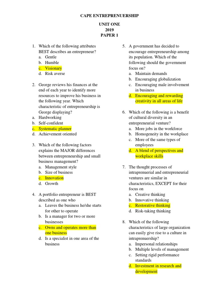 Entrep U1 2019 P1 Answers | PDF