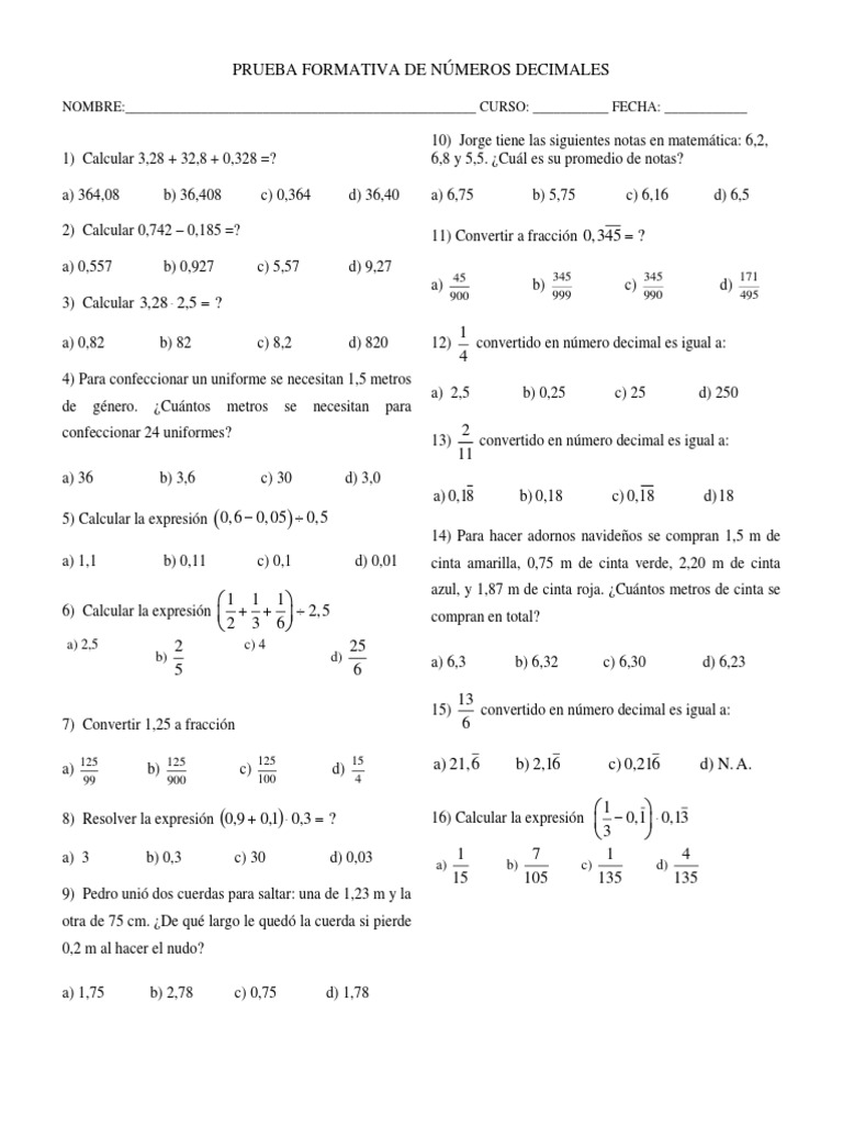 Prueba de Números Decimales | PDF | Métodos y materiales de enseñanza