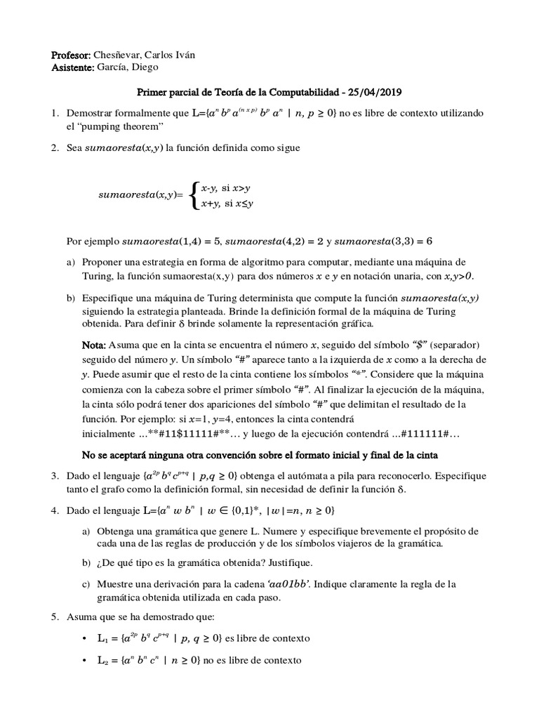 1 Parcial de Teoria de La Computabilidad | PDF | Teoría de la computabilidad | Función (Matemáticas)