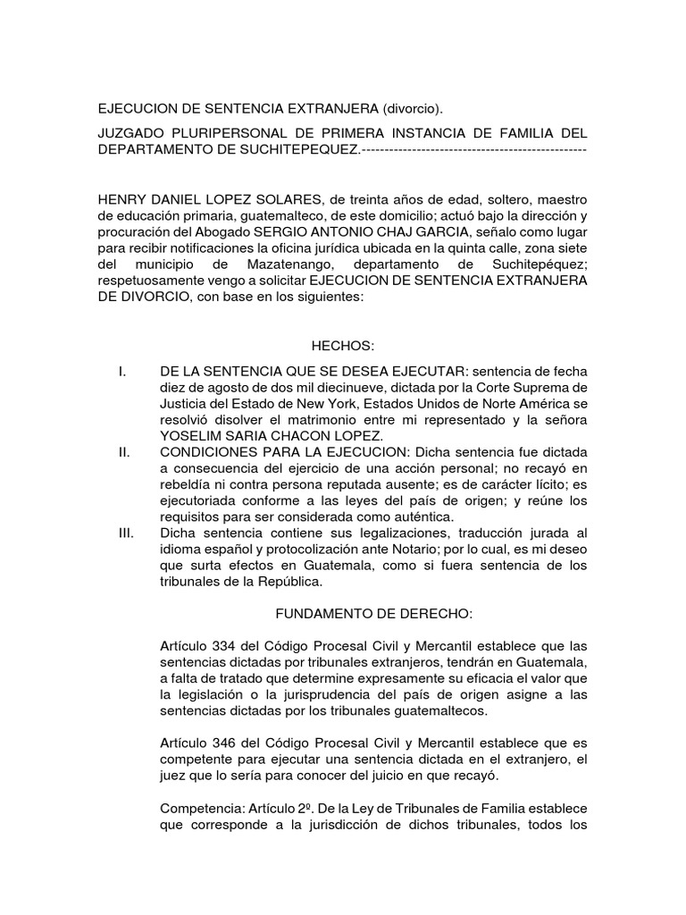 Ejecucion de Sentencia Extranjera | PDF | Sentencia (ley) | Divorcio