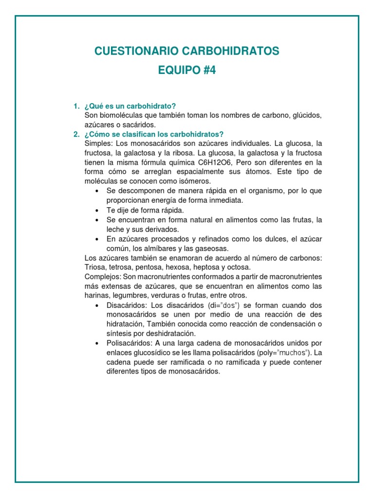 CUESTIONARIO CARBOHIDRATOS | PDF | Carbohidratos | Polisacárido