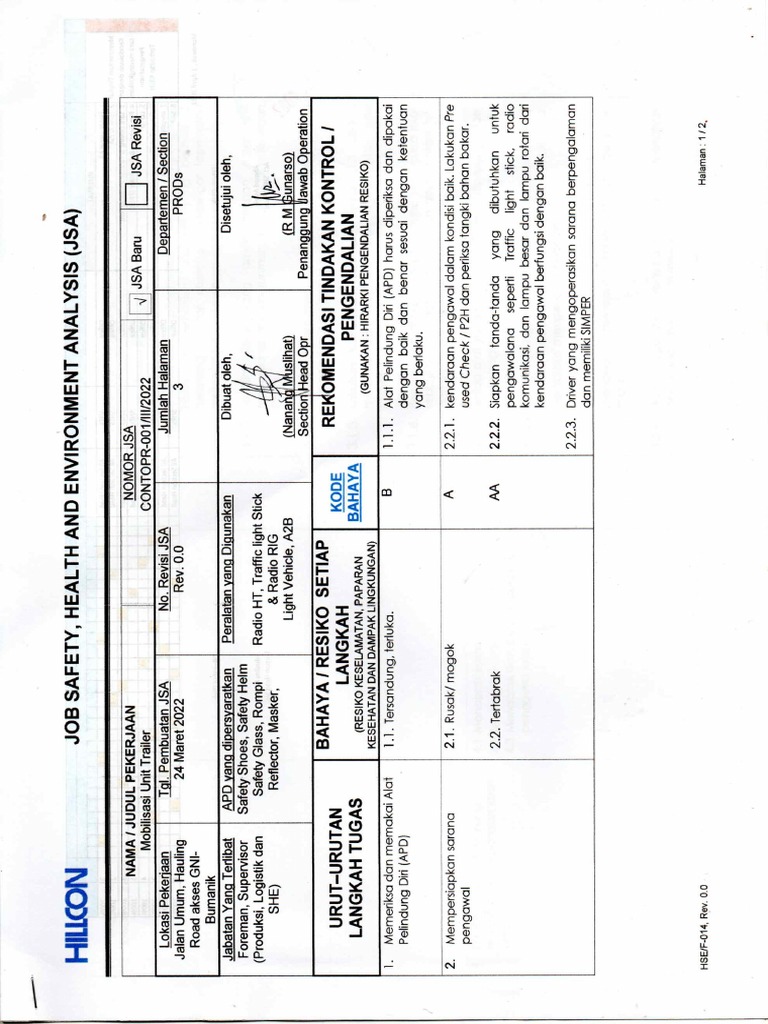 JSA Mobilisasi Unit Trailer | PDF