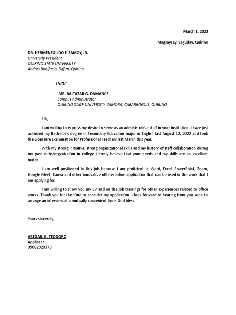 Abby Application Letter To Qsu Cab | PDF