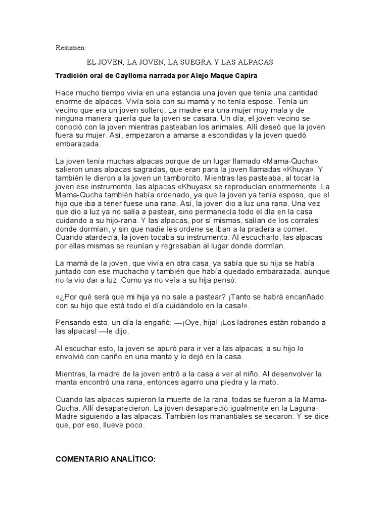 Resumen La Joven El Joven La Sugra y Las Alpacas | PDF