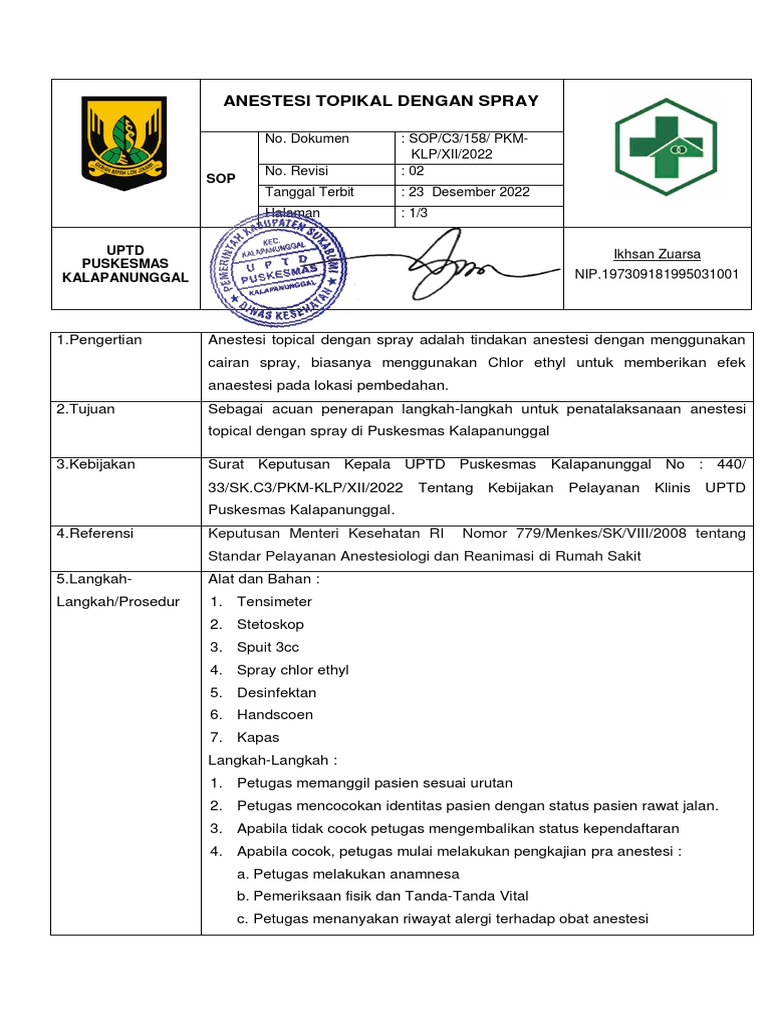 SOP Anestesi Lokal Dengan Spray | PDF