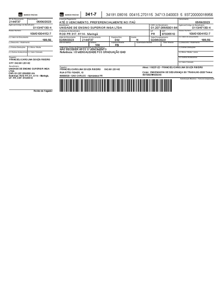 Boleto Mensalidade Pós-Graduação EAD | PDF | Bancos | Dinheiro