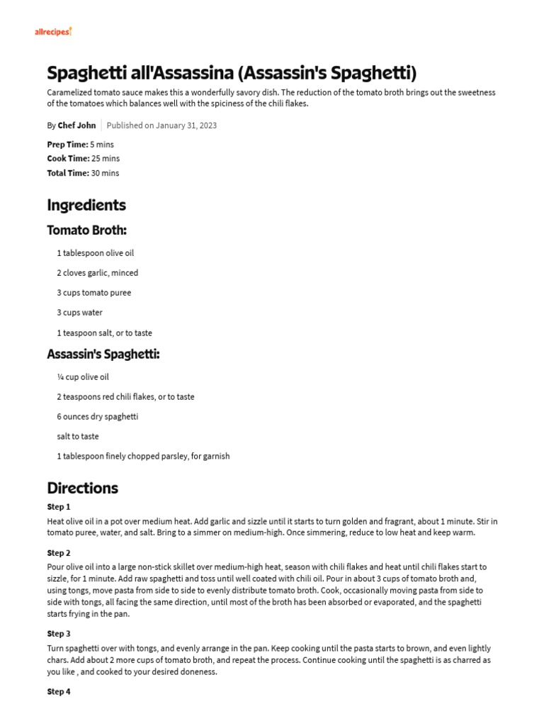 Spicy Assassin's Spaghetti Recipe | PDF | Cooking, Food & Wine | Lifestyle