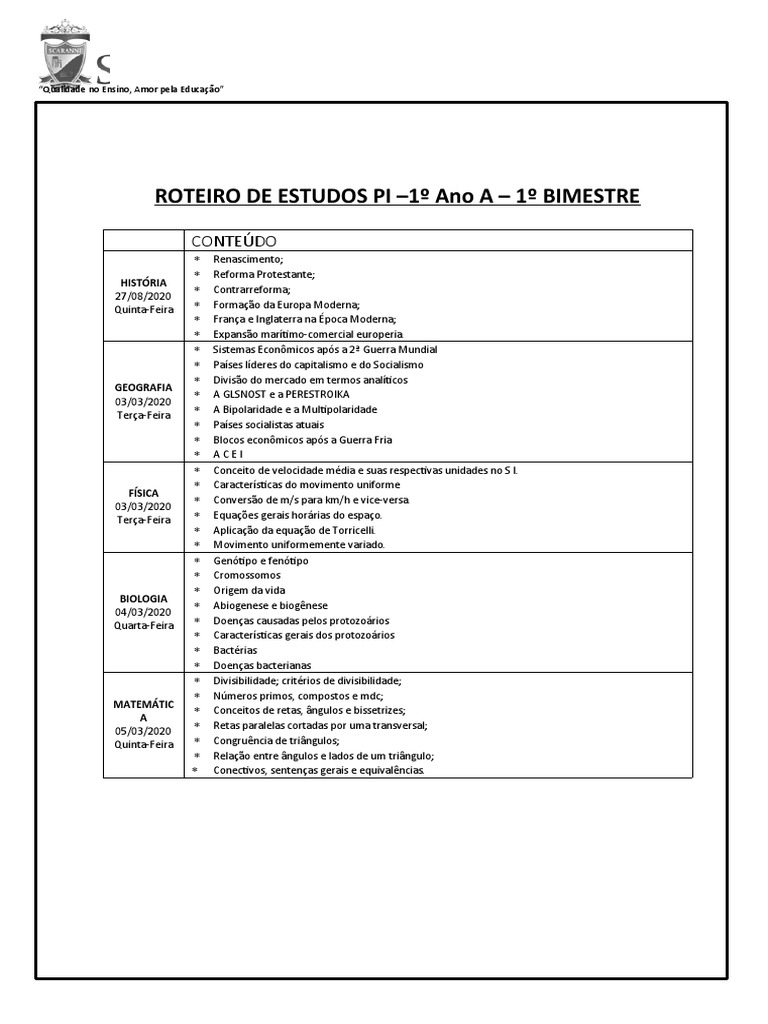 Roteiro de Estudos - Pi.3bim | PDF Roteiro de Estudos - Pi.3bim | PDF