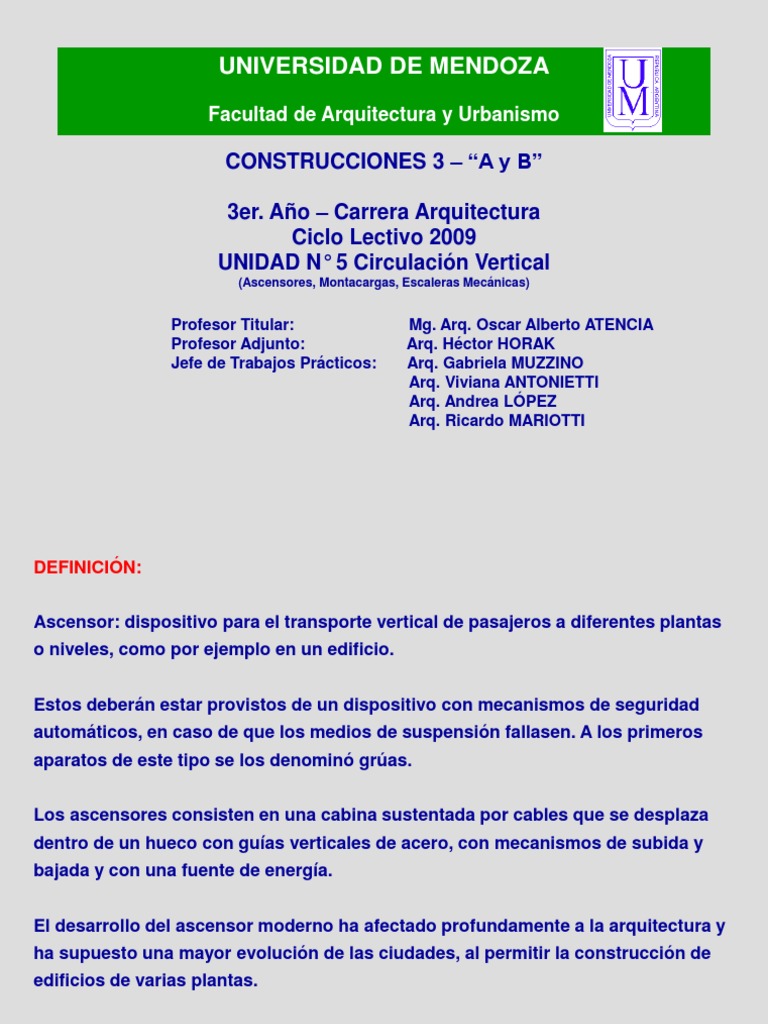 UNIDAD N 5 Circulación Vertical Ascensores | PDF | Ascensor | Motores