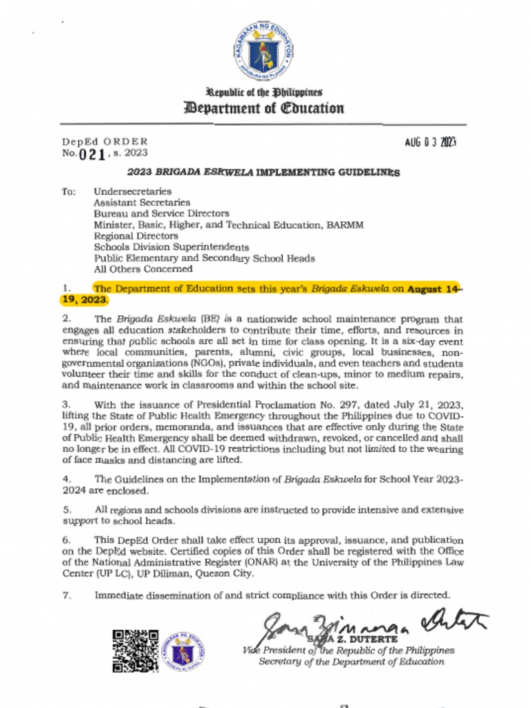 Do - s2023 - 021 2023 Brigada Eskwela Implementing Guidelines | PDF