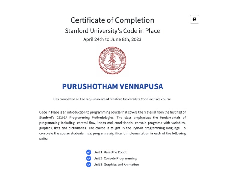 Python Certificate Purushohtam Code in Place | PDF