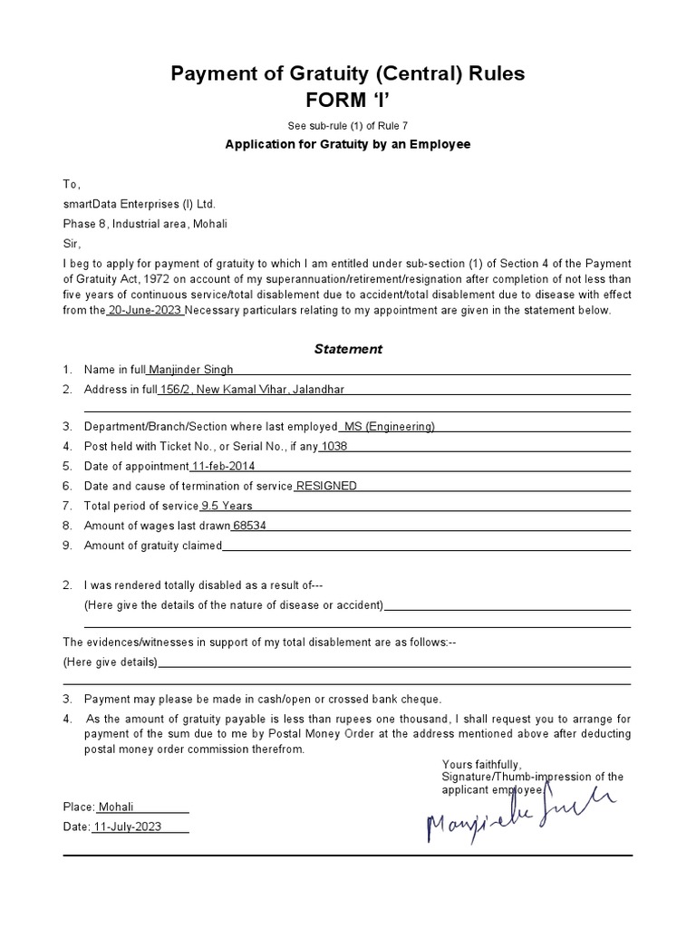 Gratuity Application Form for Employees | PDF