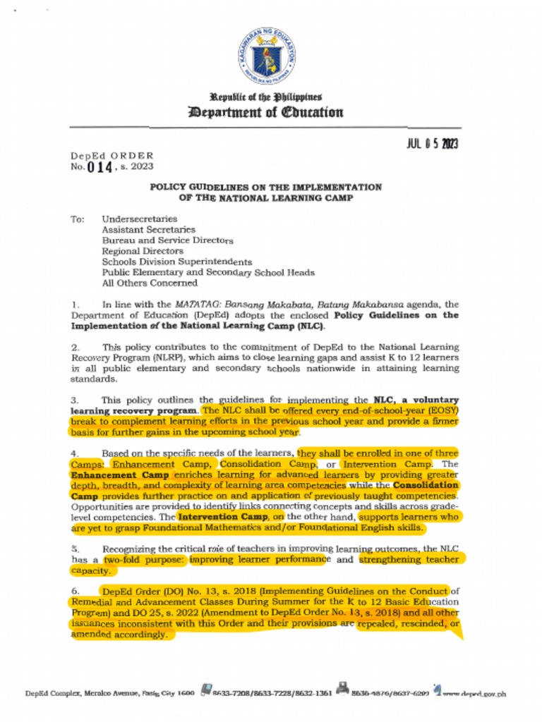 Do - s2023 - 014 Policy Guidelines On The Implementation of The National Learning Camp | PDF