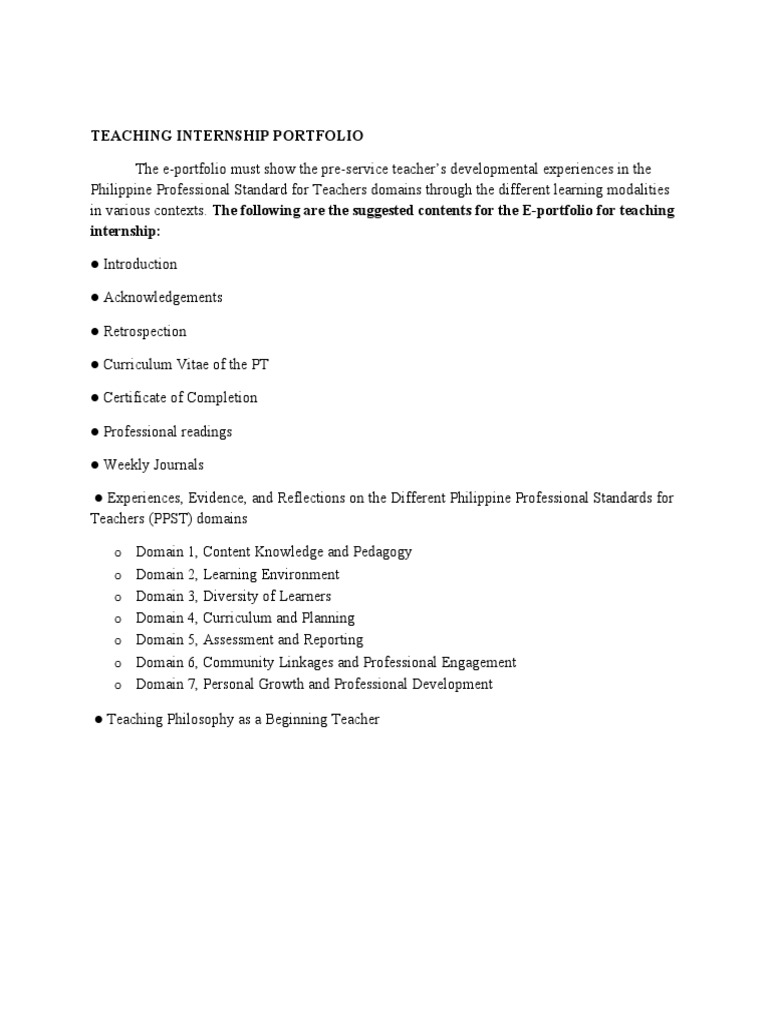 E Portfolio Suggested Contents For TEACHING INTERNSHIP | PDF