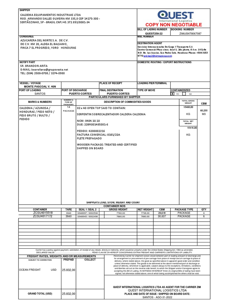 Draft BL Quest259-22 | PDF | Cargo | Bill Of Lading