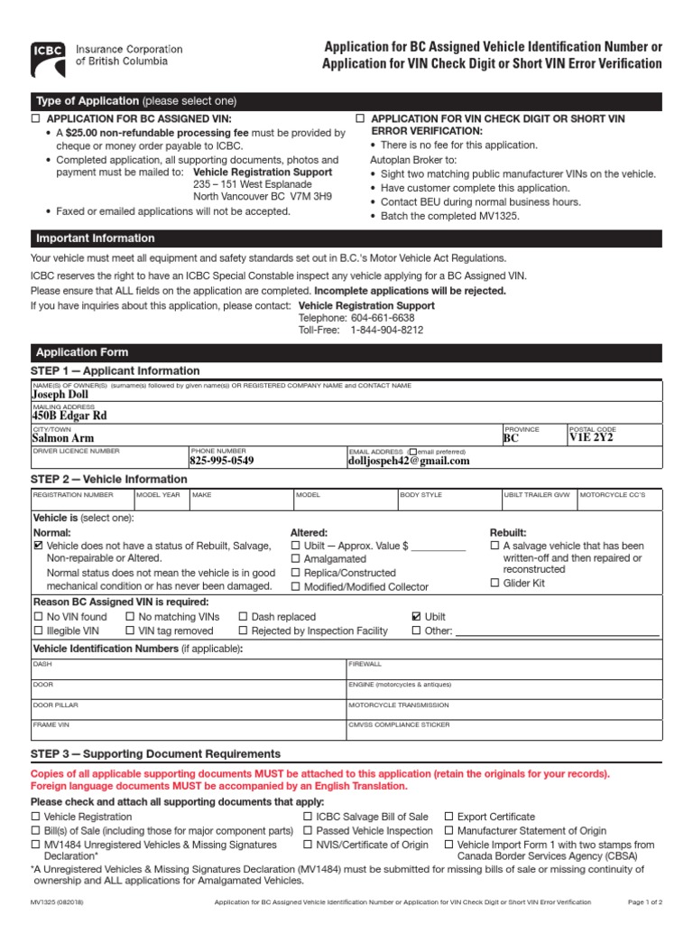 BC Vin Application, Filled | PDF
