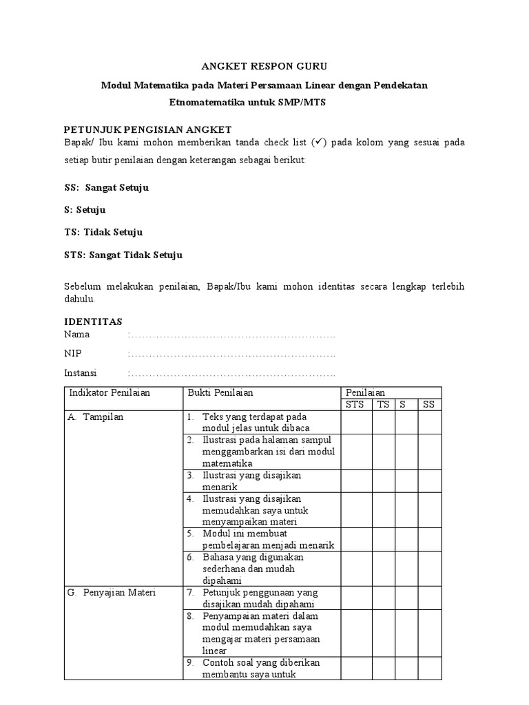 Angket Guru: Modul Persamaan Linear | PDF | Karier & Perkembangan | Seni