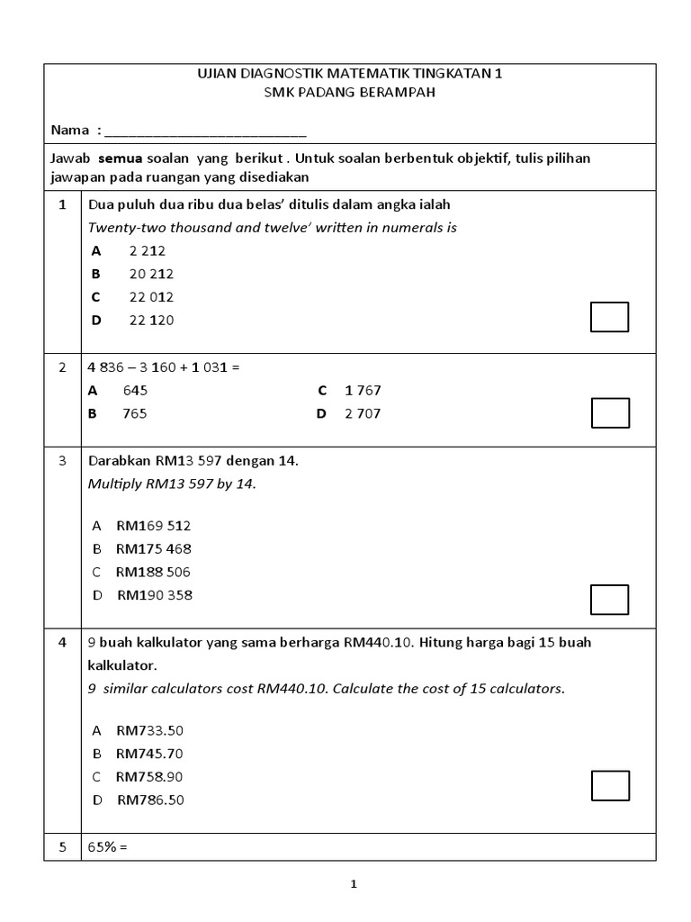 Ujian Diagnostik Matematik Tingkatan 1 | PDF