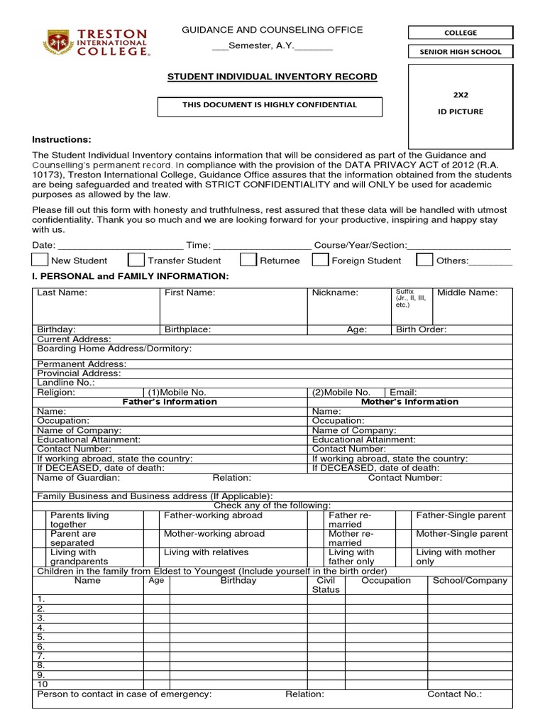 Treston Student Individual Inventory Record | PDF | Anxiety | Sleep